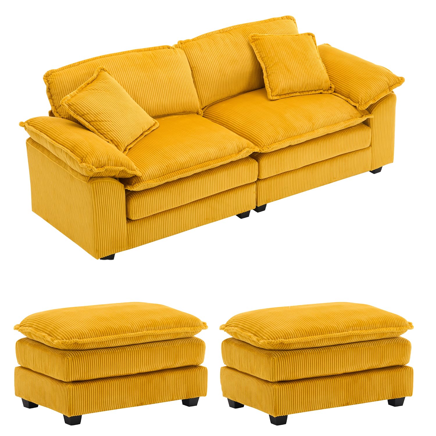 Corduroy Sectional Couch, 84β Width Oversize Loveseat Sofa, Comfy Plush Cloud Couch Lounge Chair with Ottomans and 2 Pillows for Small Spaces, Living Room, Bedroom, Office Easy to Install (Yellow)
