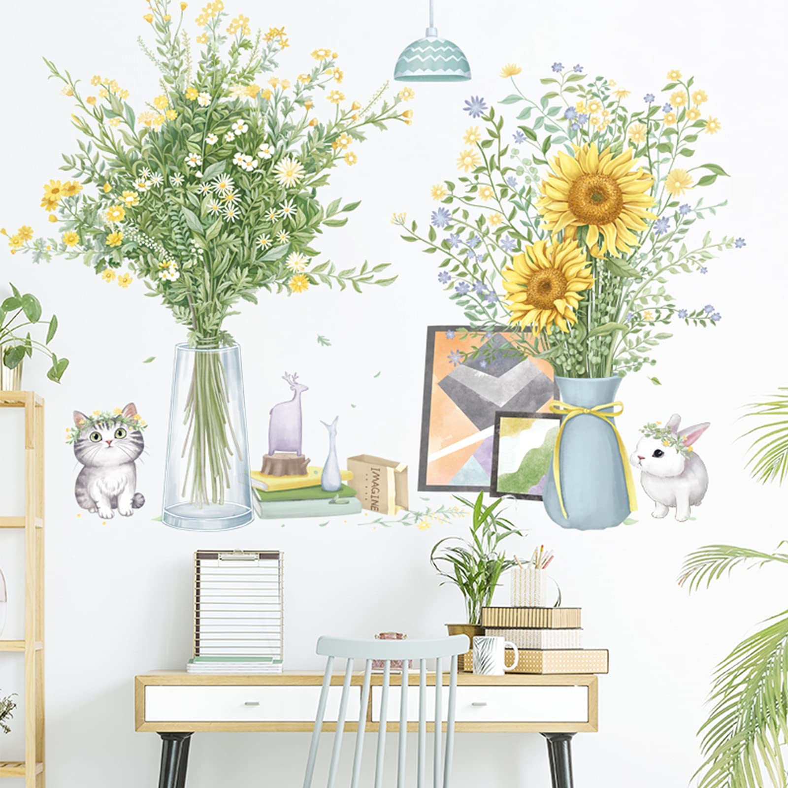 Sunflower Vase Plants Wall Sticker Cute Cat Rabbit Decor, Removable Daisy Flower Green Leaf Wallpaper Decals, AUHOKY Garden Potted DIY Art Mural for Living Room Bedroom Kitchen Nursery Home Decoration