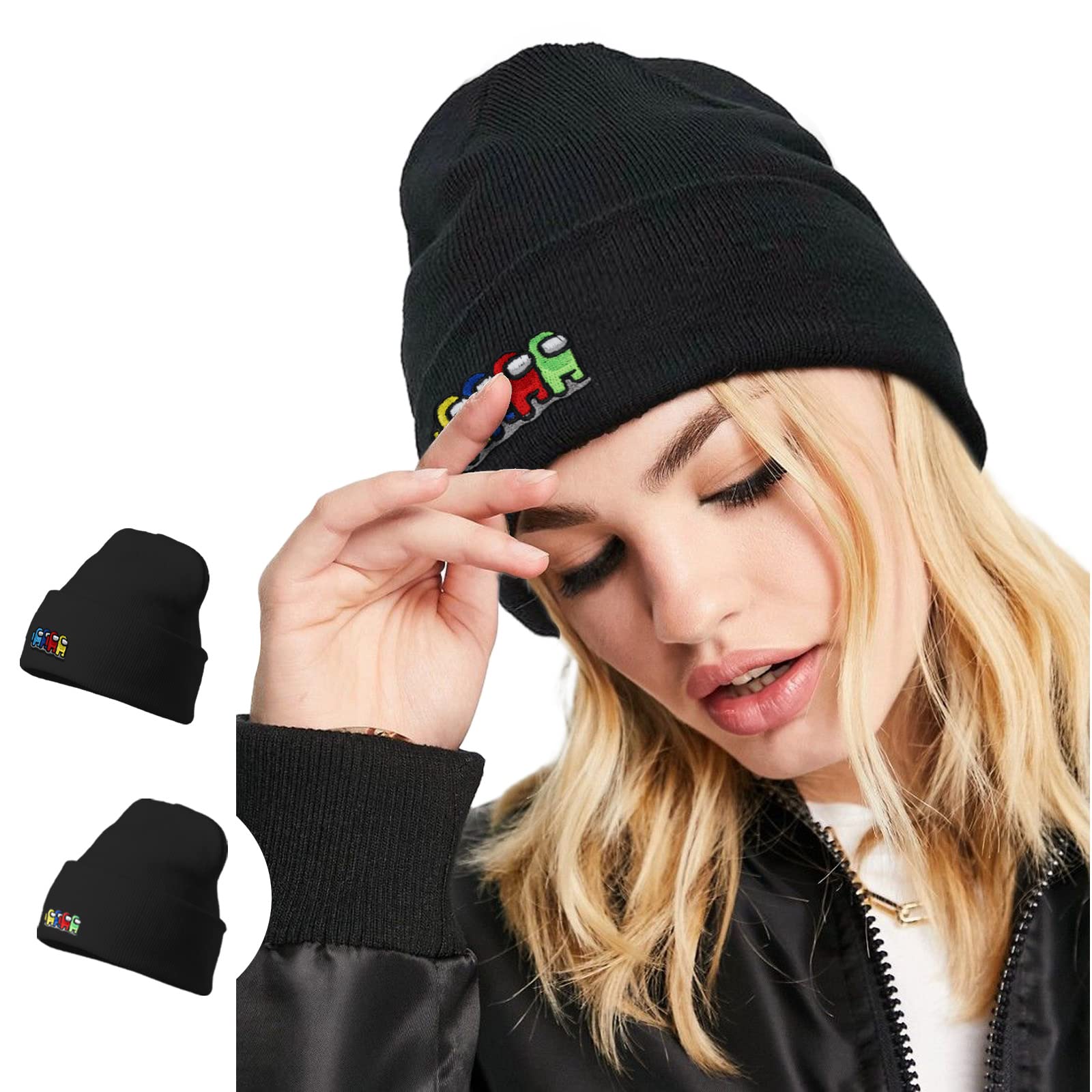 Black Funny Gamer Embroidered Beanie Hats for Men Women, Winter Warm Stretchable Slouchy Knit Cuffed Embroidery Skull Cap