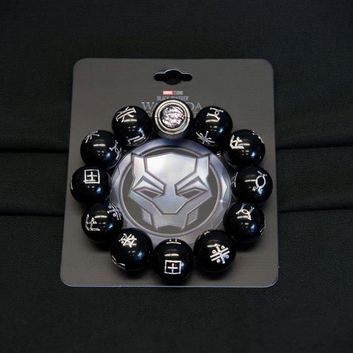 Black Panther Wakanda Forever KIMOYO Acrylic Bead Bracelet - Officially Licensed Marvel Studios Wakanda King T'Challa 12 Beads w/Glass Dome Bracelet - 8.5"