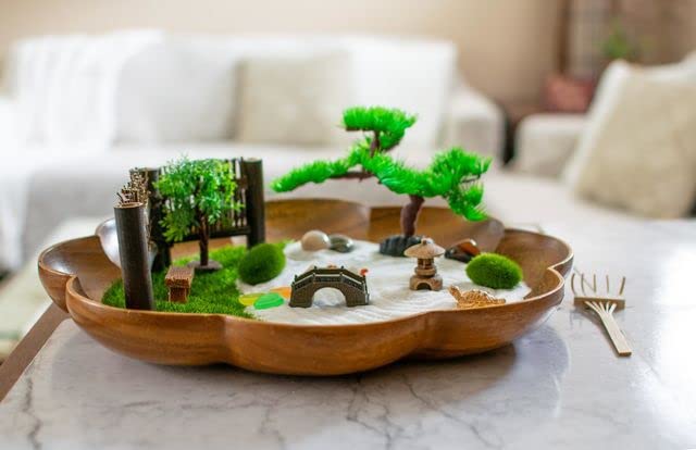 COCORO DIY Desktop Zen Garden for Desk and Office Accessories Includes Zen Garden Sand, Rocks, Rake, Moss Stones, Fishes, Lantern, Bridge, Bench, Baby Pine Tree, Pine Tree, and Turtle