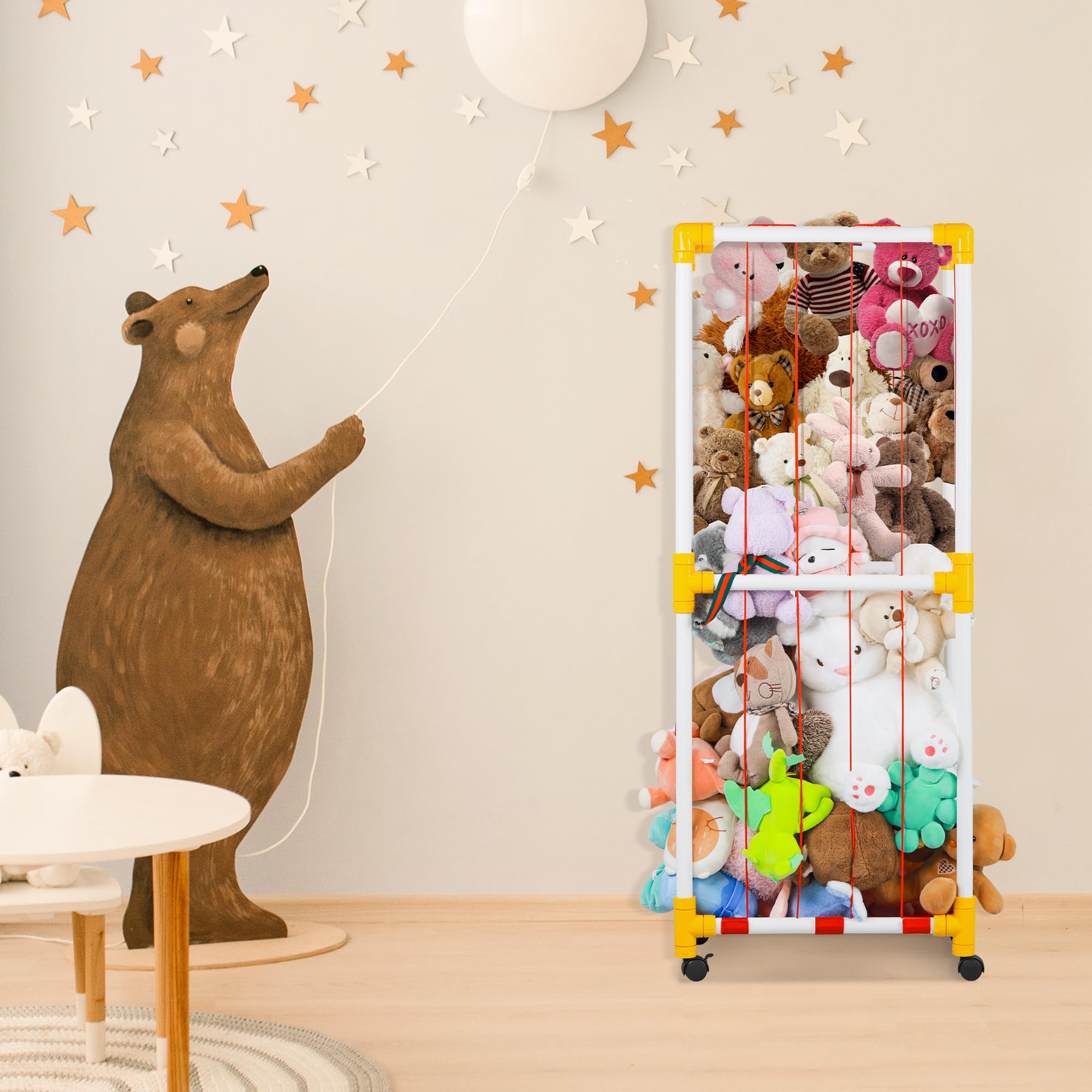 Display Riser Upgrade Stuffed Animal Storage, Large Stuffed Animal Organizer with Elastic Band and Net, Space Save Plush Toy Holder, PVC Stuffed Animal Zoo Cage for Nursery Play Room
