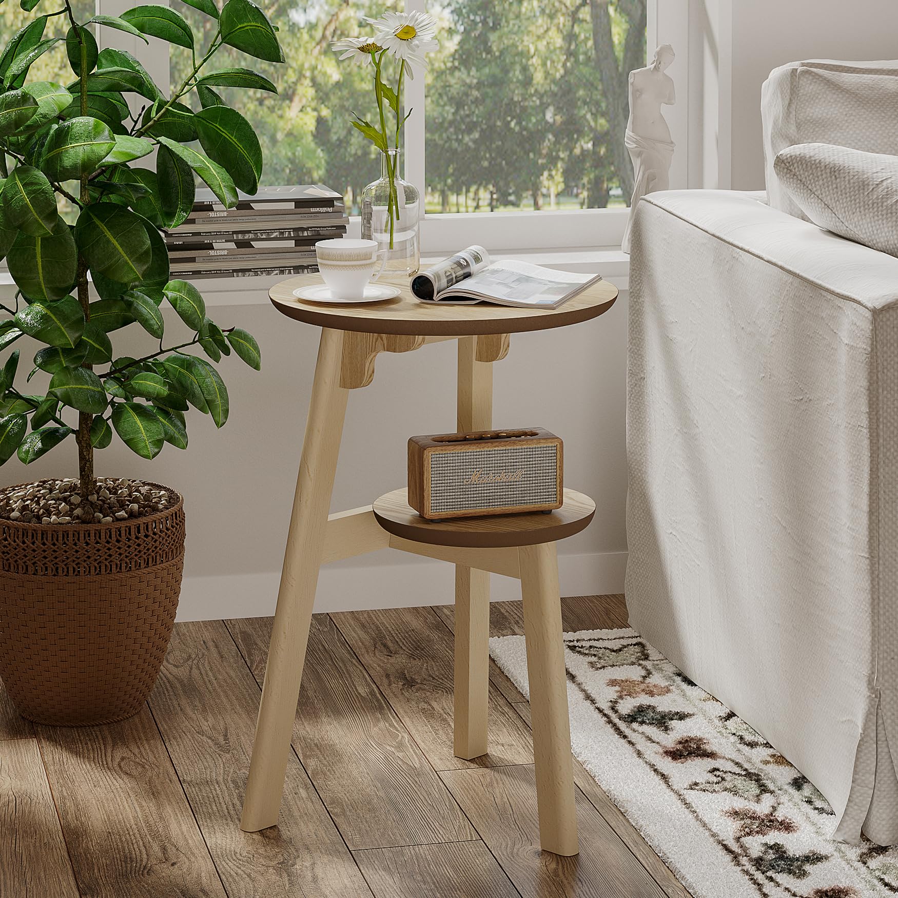 ChooChoo Round End Table Set of 2, Narrow Side Table for Small Spaces, Accent Table Night Stand with 2 Tier Shelf for Bedroom and Living Room, Natural