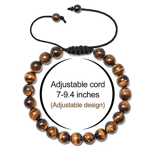 M MOOHAM Stone Bead Bracelets, Natural Tiger Eye Stone Beads Bracelet, Men Women Stress Relief Yoga Beads Adjustable Semi-Precious Stone Bracelet Bangle
