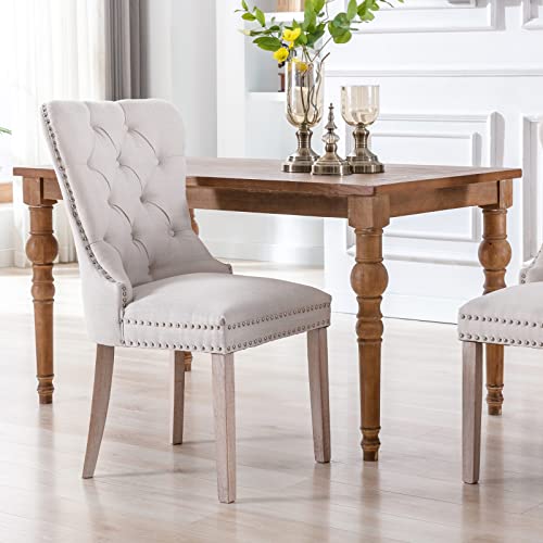 chairus Dining Chairs Set of 2 with Tufted High Back Retro Linen Fabric Upholstered Dining Room Chairs Side Chairs Rustic White Wood Legs Nailhead Trim Ring Pull- Beige 2PCS