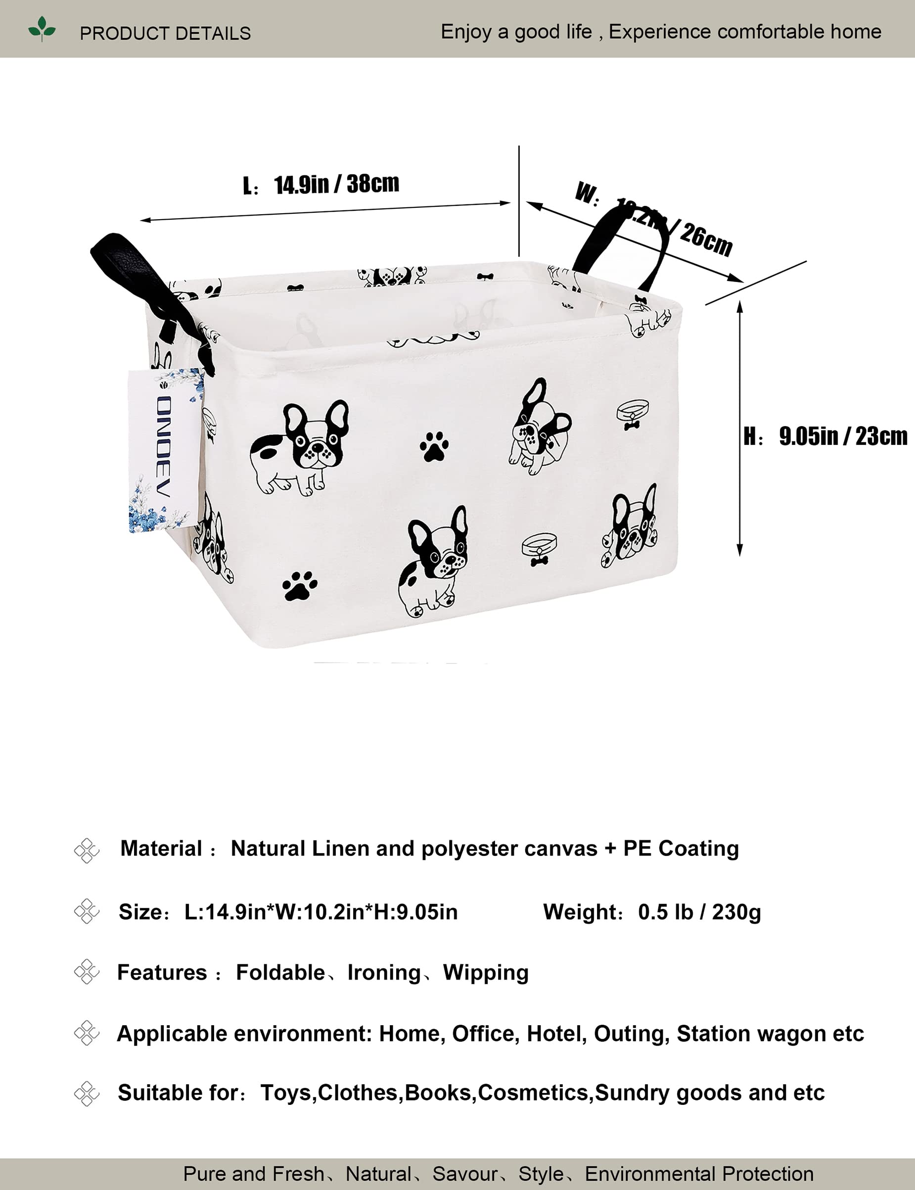 ONOEV Rectangular Fabric storage box, decorative basket and finishing basket with handle are used for the storage of clothes, books and sundries (Bulldog) 14.9’’L ×10.2’’W×9.05’’H inches