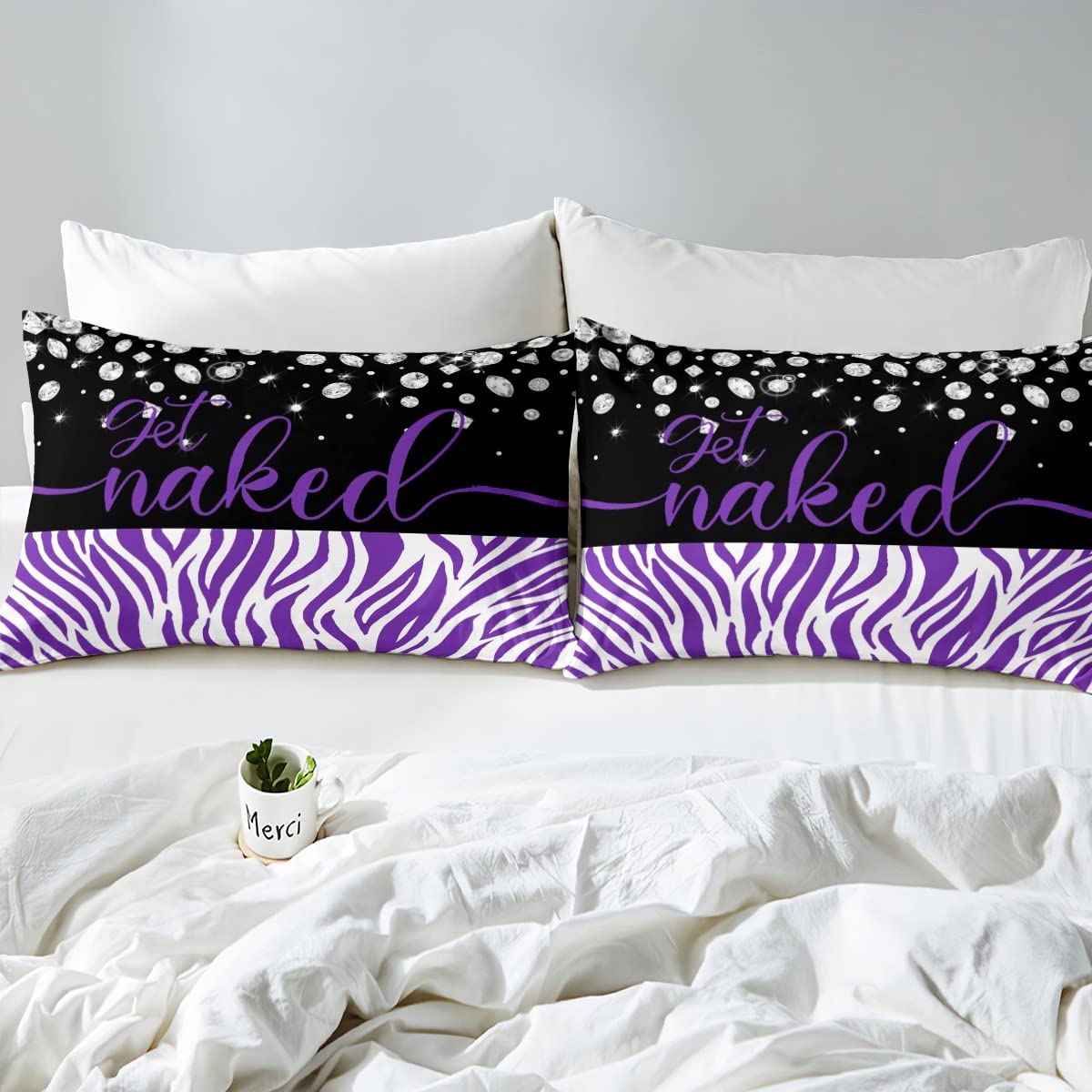 Feelyou Glitter Print (No Glitter) Diamond Bedding Set for Girls Pastel Zebra Comforter Cover Set Queen Size Get Naked Duvet Cover BedPurple Black White Bedspread Cover Bedding Collection 3Pcs