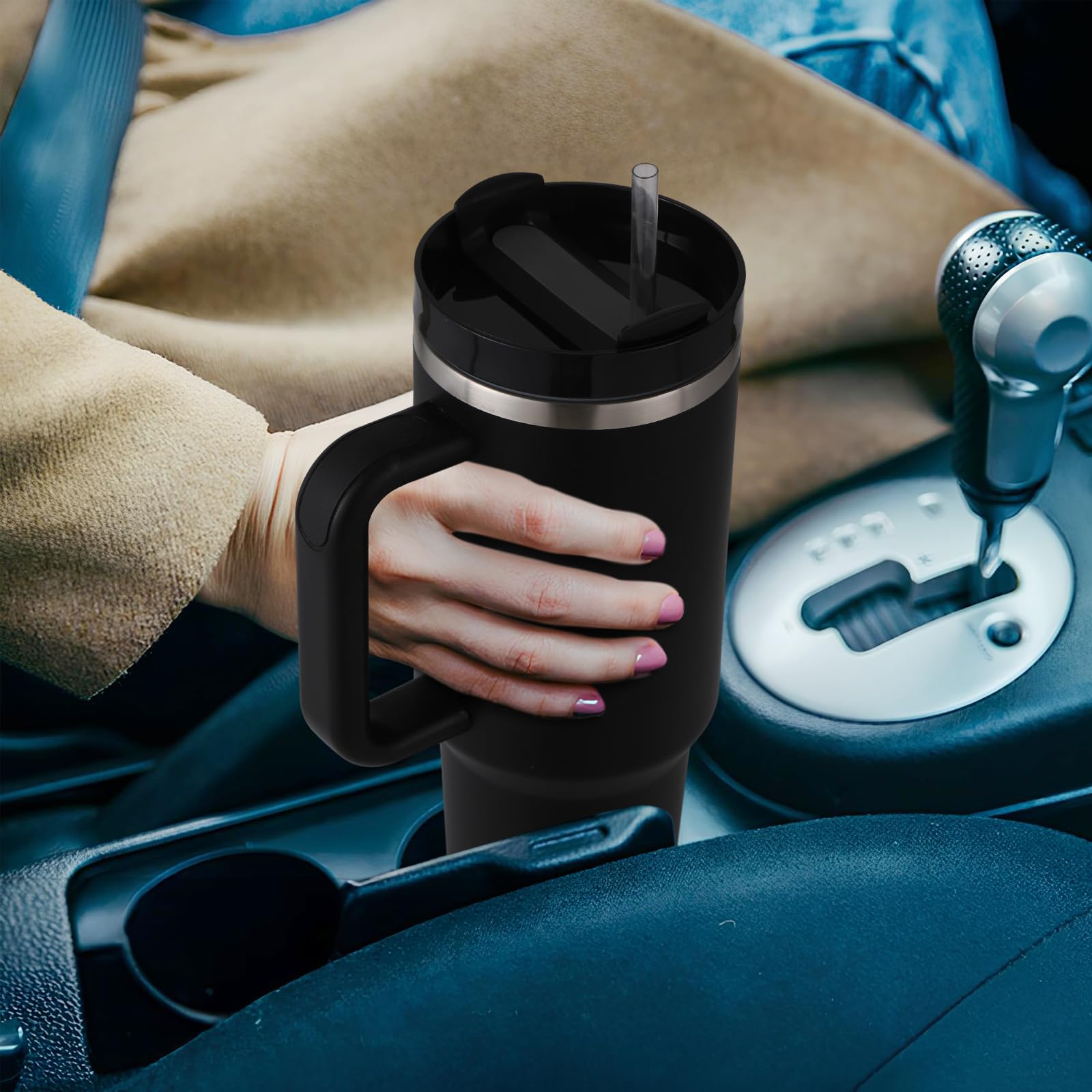 Boderi Tumbler,40oz Tumbler with Handle and Straw,2in1 Straw Lid + Rotating Cup Lid, Stainless Steel Double Wall Vacuum Insulated Coffee Cup,Reusable 40oz Travel Mug Insulated Tumbler with Handle