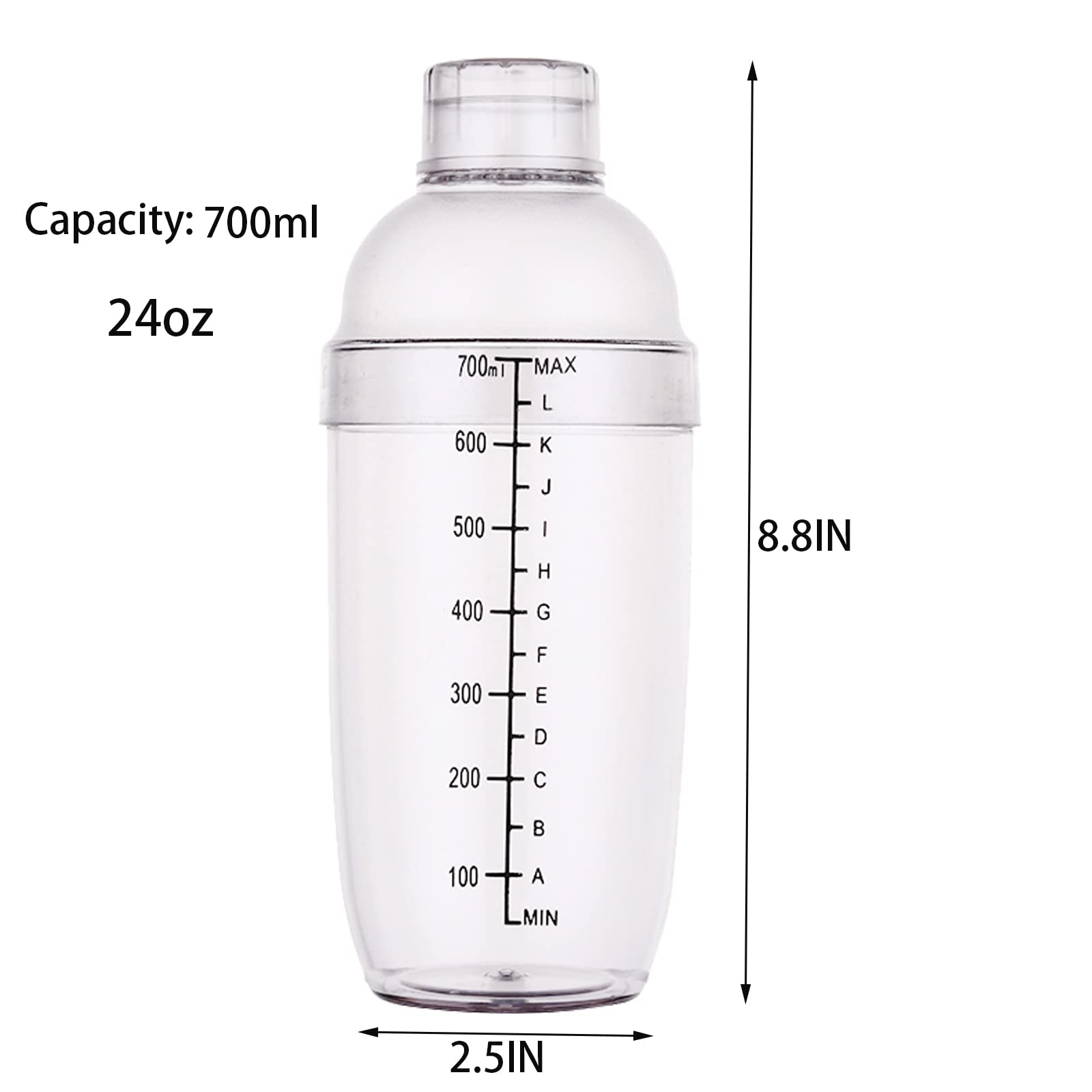 Cedilis 4 Pack Plastic Shaker Cocktail, 700cc / 24 oz Bar Tool for Milk Wine Mixing, Hand Drink Mixer with Scales, Clear Boba Tea Shaker Cup