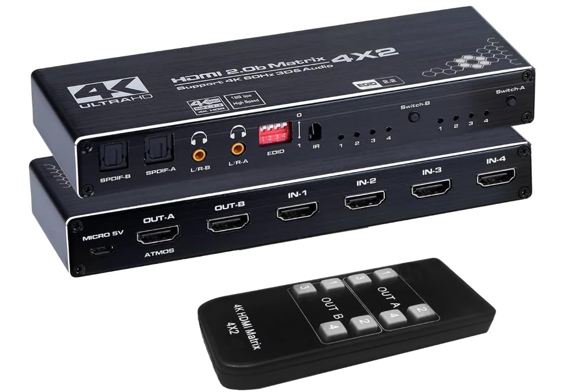 HDMI Matrix 4x2, 4K@60Hz HDMI Matrix Switch 4 in 2 Out with EDID Extractor and IR Remote Control, Support HDMI 2.0b, HDCP2.2, HDR10, Ultra HD, 3D