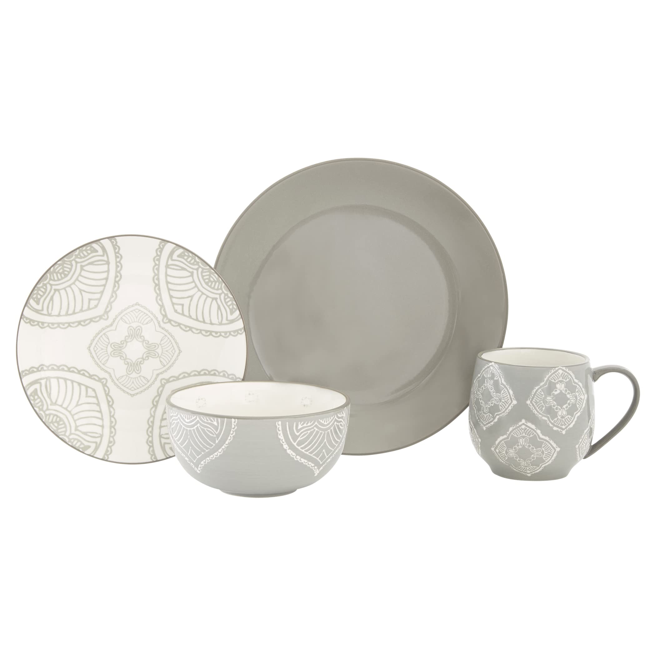 Baum-Essex - Dinnerware Sets, 16 Piece Dish Set for 4, Beautiful Home Decor includes Dinner Plates, Salad Plates, Bowls, and Mugs (Rye Grey)