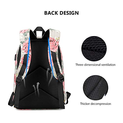 forestfish Laptop Backpacks With USB Charging Port, Large Capacity Lightweight Floral Printed College Bookbag Casual Daypack (Flower-Light Grey)