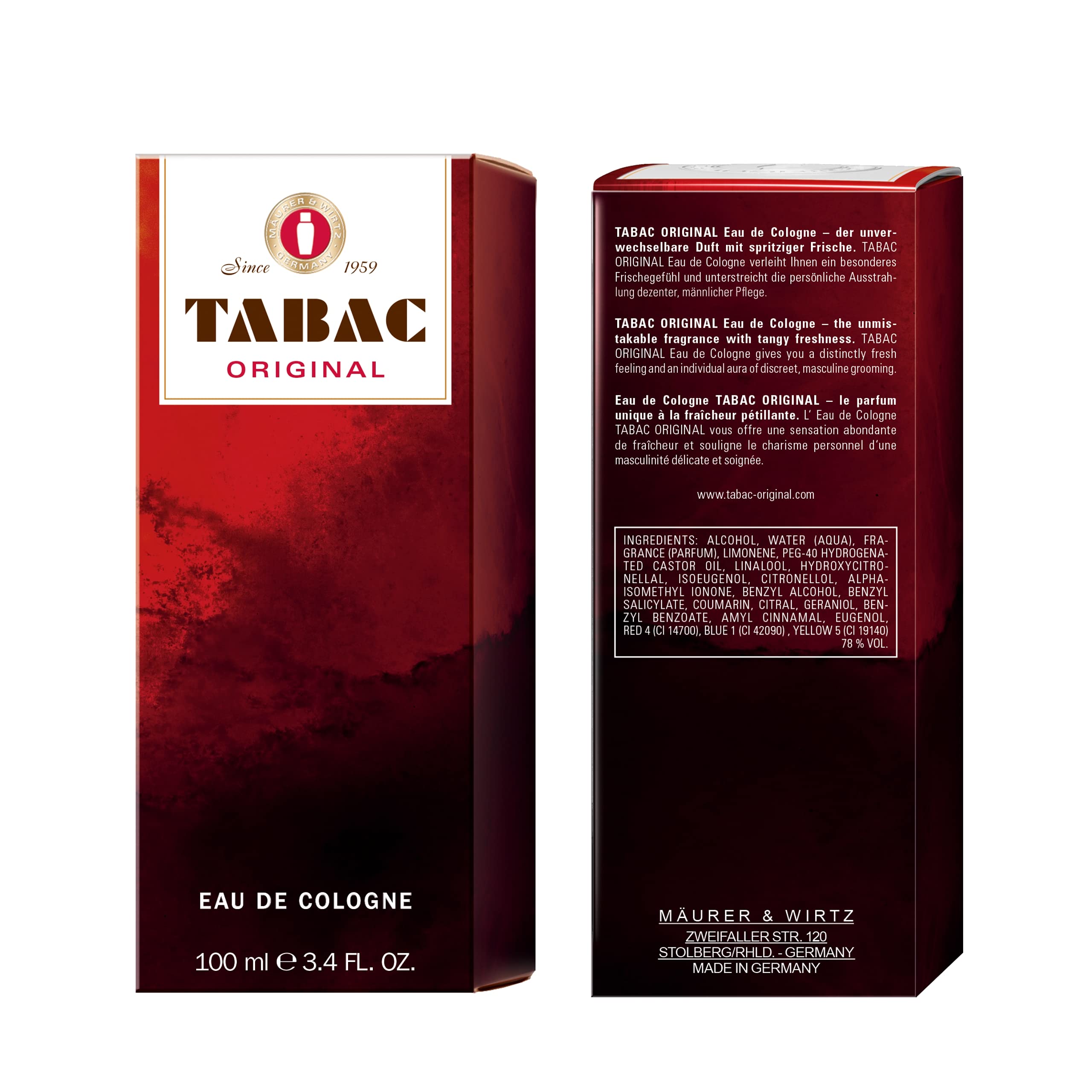 Tabac Maurer & Wirtz Tabac Original Eau de Cologne Splash for Men, 3.4 Ounce