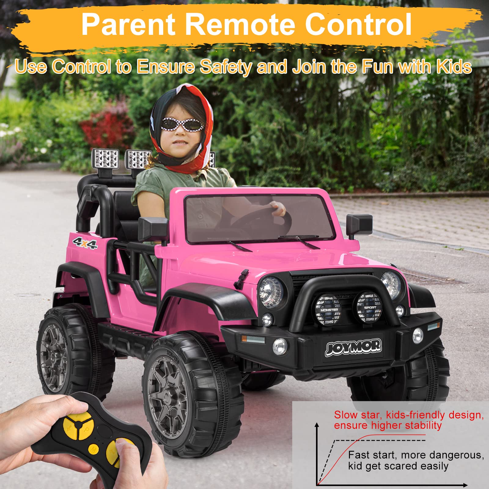 JOYMOR 2 Seat Ride on Truck, 12V Kids Electric Battery Powered Car with Remote Control, Motorized Toddler Vehicles Truck Toy, Adjustable Speeds, MP3 Player, LED, Horn (Two seat, Pink)