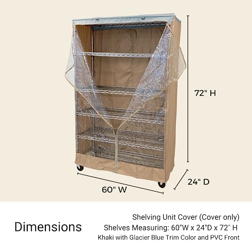 Formosa Covers | Storage Shelving Unit Cover for Metal Wire Utility Racks in Garage, Home, Kitchen, or Office Organization Khaki and Clear PVC Viewing Panel and Blue Trim (60" W x 24" D x 72" H)