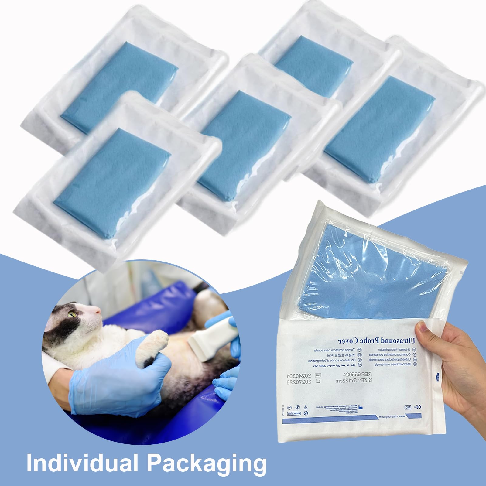 Cordless Ultrasound Probe Cover, Transducer Cover, Latex-Free Sterile Disposable Clear, 4"x 12", Individual Packaging (50, 6"x12")