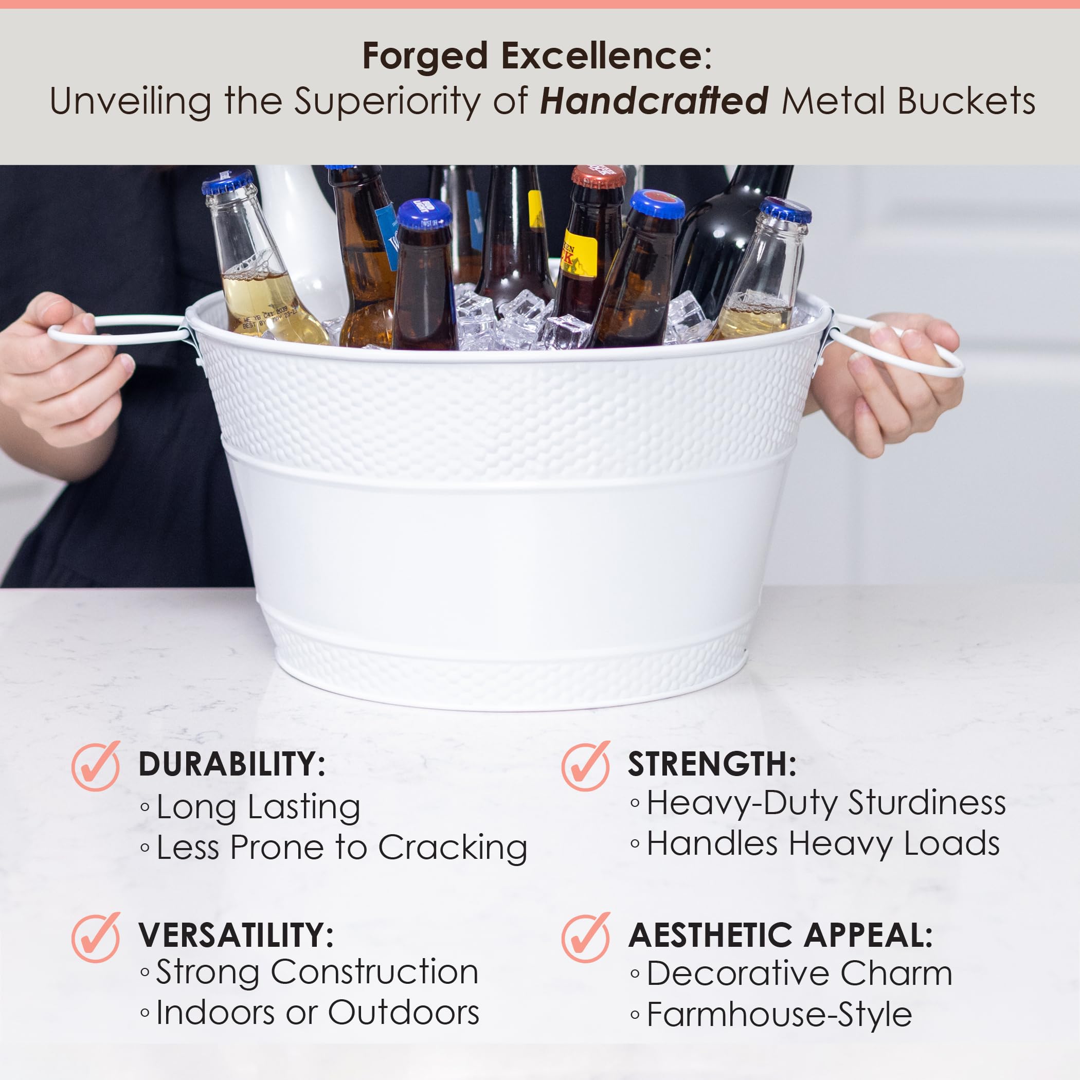 BREKX White Galvanized Beverage Bucket and Wine Bucket Chiller for Parties, Leak & Rust Resistant, Sealed, Large Ice Bucket for Cocktail Bar, 12-Quart / 4 Gallon Bucket