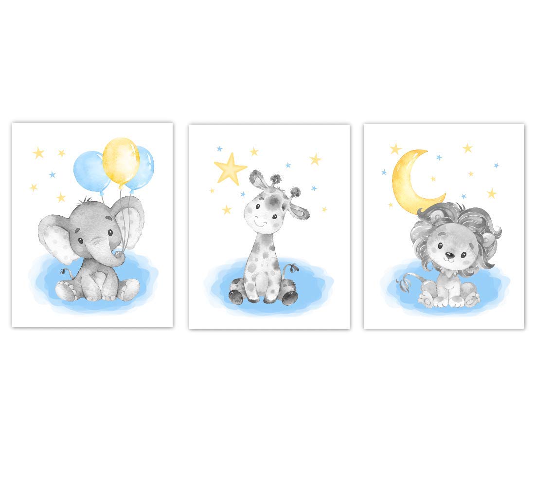 Baby Boy Nursery Wall Art Elephant Safari Animals Giraffe Lion Decor 3 UNFRAMED PRINTS