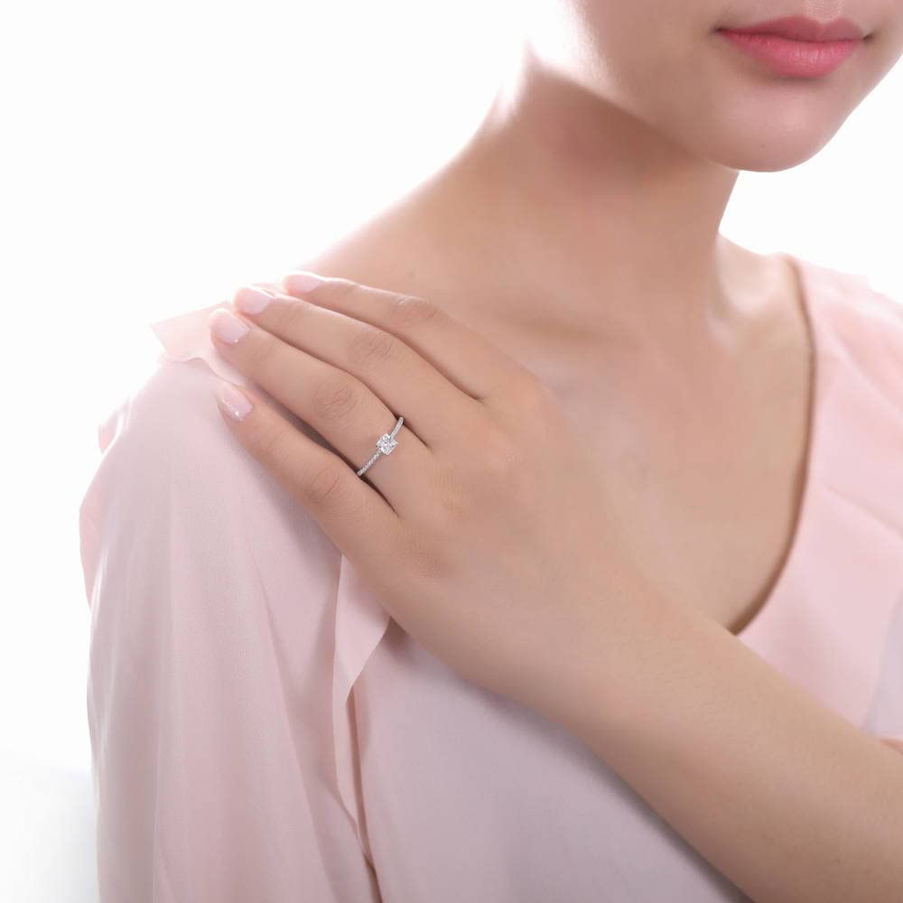 BERRICLE Sterling Silver Solitaire Wedding Engagement Rings 0.6 Carat Cushion Cut Cubic Zirconia CZ Ring Set for Women, Rhodium Plated Size 8