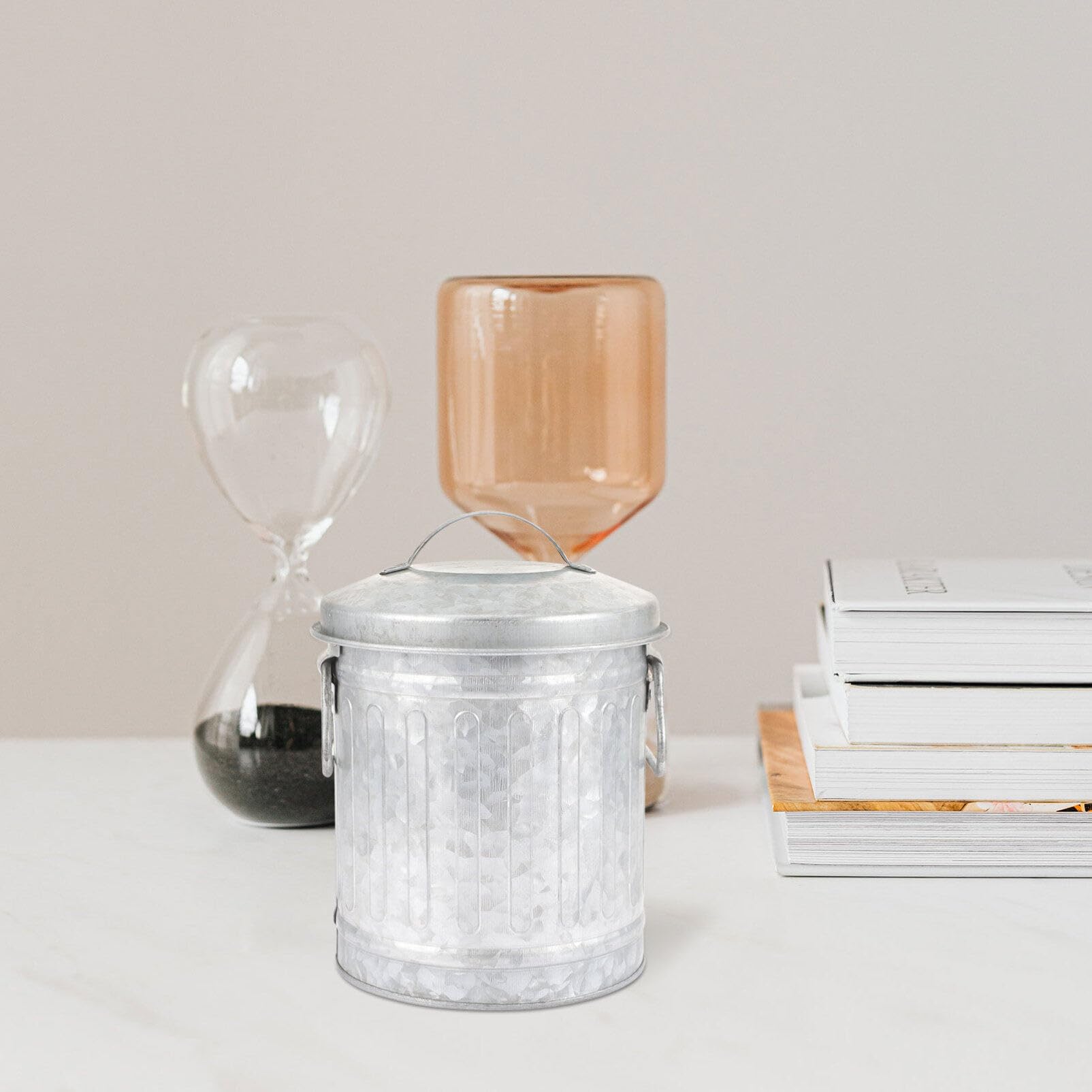 DIYEAH Mini Galvanized Trash Can with Lid, Mini Desktop Wastebasket Small Metal Buckets Metal Rubbish Bin Garbage Can Flower Pot Pen Holder for Kitchen Countertop A