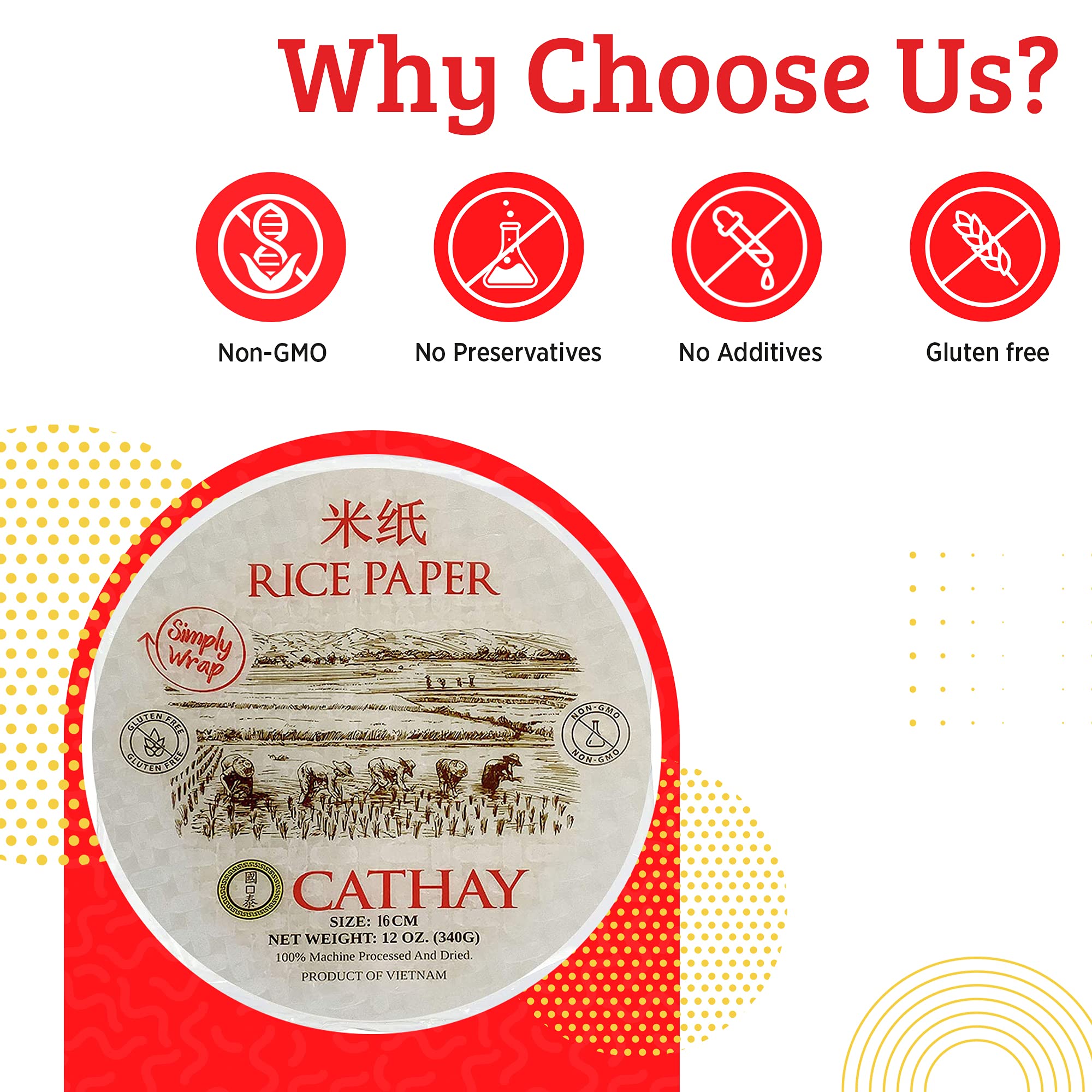 Cathay Fresh Spring Roll Rice Paper Wrappers, Rice Paper Wrappers for Fresh Rolls-30 Sheets, Non-GMO, Gluten-Free, Low Carb, Vietnamese Summer Wrap with Natural Ingredients, Veggie Wrap (Round, 22cm)