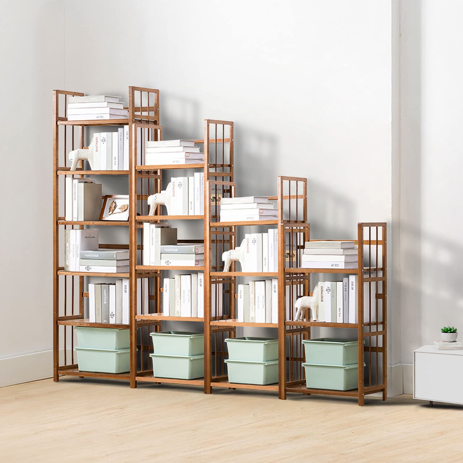 IOTXY Bamboo Open Bookshelf - Small 5-Tier Free-Standing Storage Rack, Multifunctional Display Stand for Bookcase, Home and Office, Light Brown