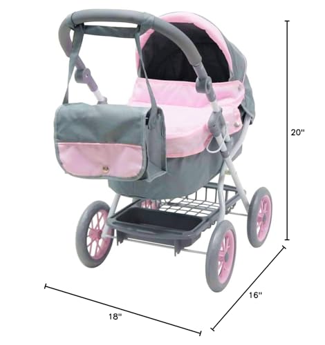 KOOKAMUNGA KIDS Baby Doll Stroller - Foldable Baby Stroller for Dolls - Play Stroller & Bassinet w/Retractable Canopy - Diaper Bag - Adjustable Soft Grip Handle - Ideal for 16” 18” & 20” Dolls