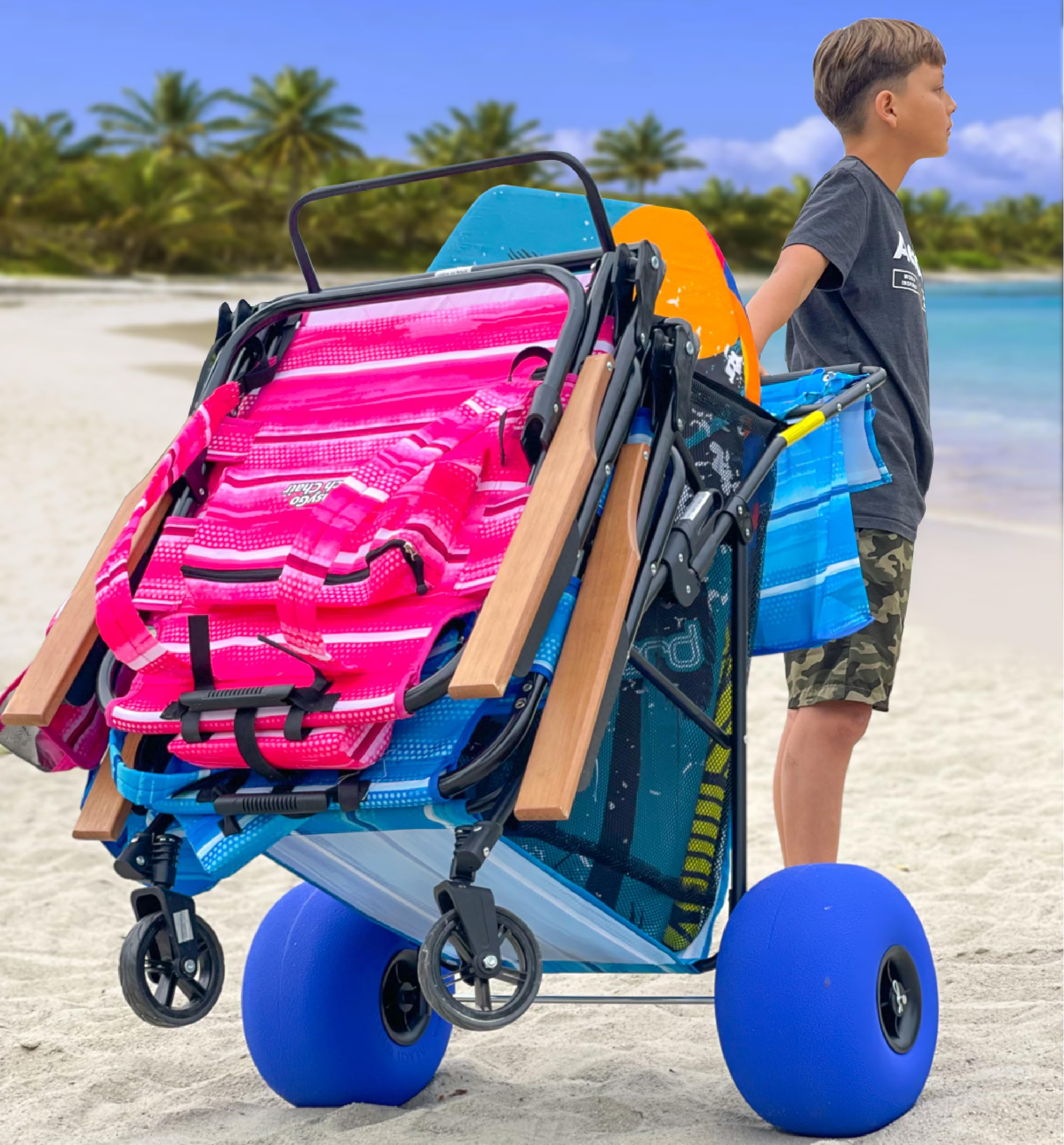 Beach Cart Balloon Wheel Deluxe Heavy Duty Folding Ocean Utility 13β x 7β Sand Wheels Holds 4 Folding Chairs Umbrella Holder Removable Beach Bag Blue Striped Pattern