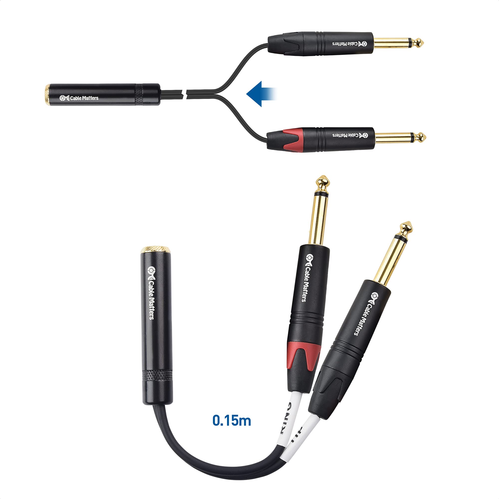 Cable Matters 2-Pack 1/4 TRS to Dual TS Stereo Audio Splitter Cable (Dual 1/4 Inch TS to TRS Female Adapter) in Black - 6 Inches / 0.15 Meters