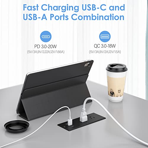 Conference Recessed Power Strip Waterproof, with PD 20W USB C Fast Charging Port,2 Outlets,Furniture Recessed Power Outlet,Desk Power Strip Surge Protector,Drawer Outlet,Flat Plug,6ft Cable (Black)