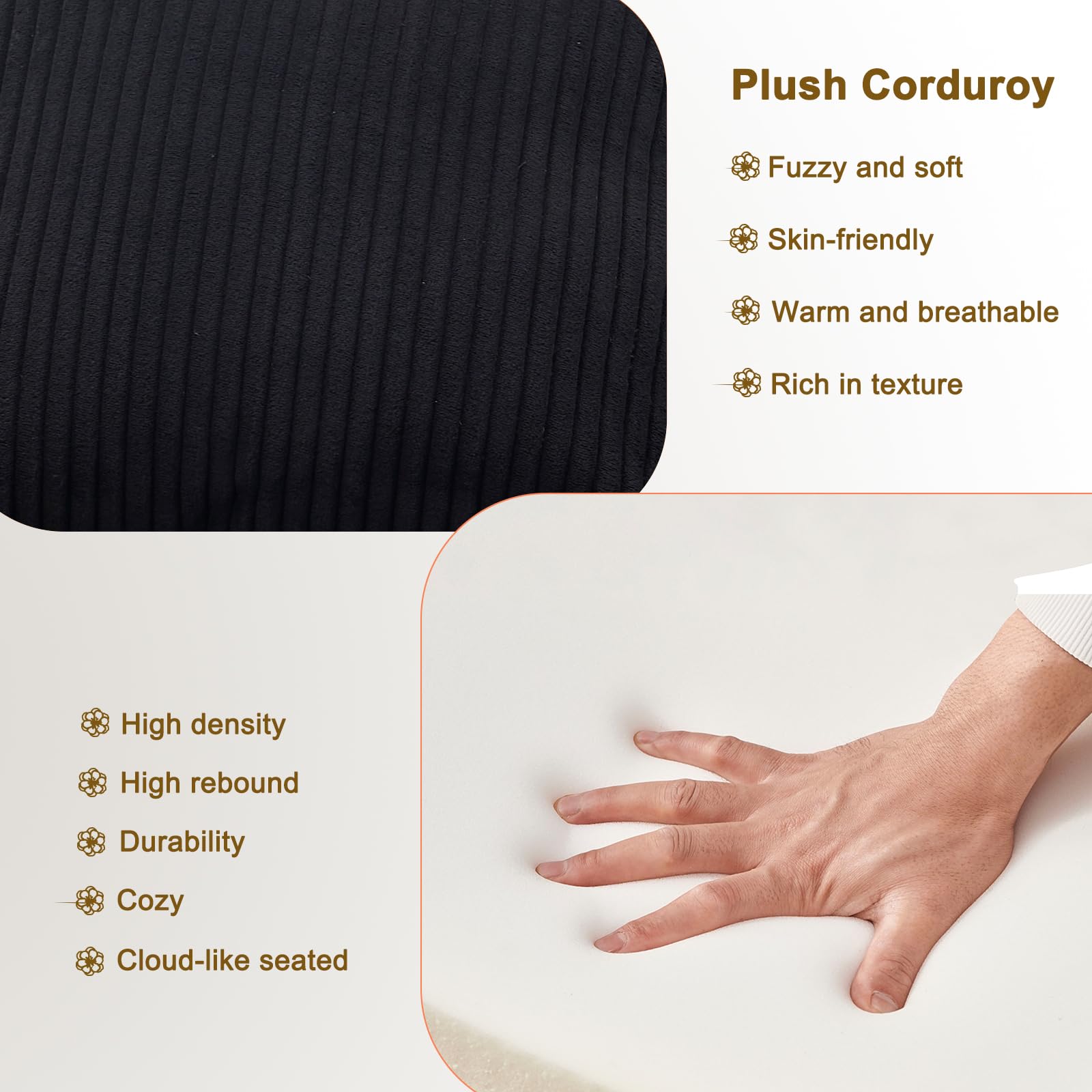 Corduroy Overstuffed Double Chaise Lounge, Oversized Modular 2 Seats Sofa Ottomans & Pillows,Comfy Deep Seat Cloud Couch for Living Room Bedroom Nursery (Black)
