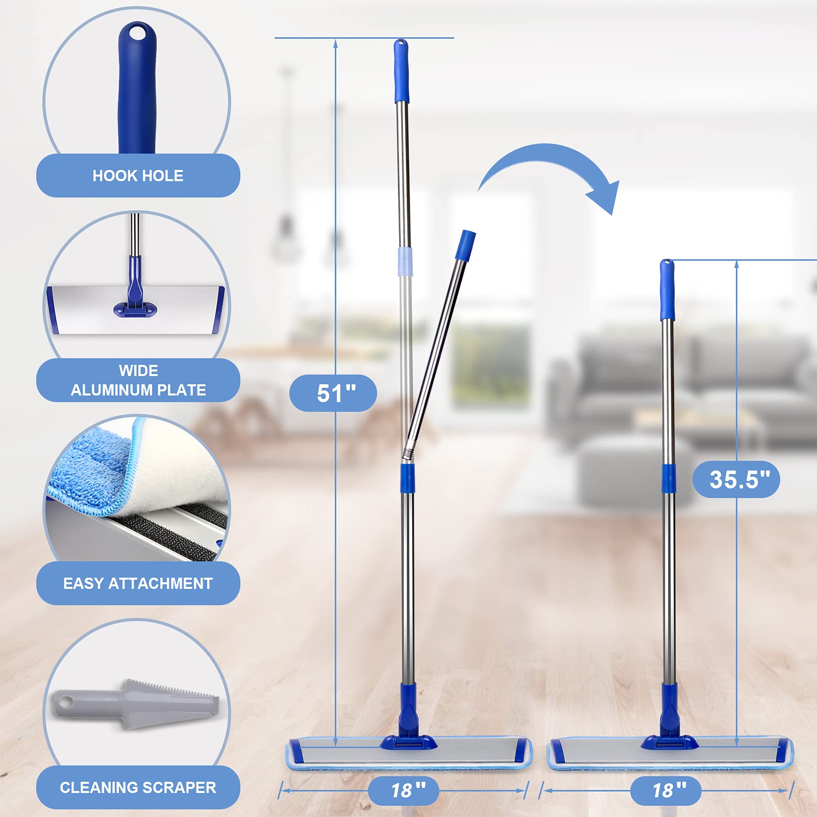 Conliwell Rubber Broom Carpet Rake for Pet Hair, Fur Remover Broom with Squeegee and 18" Professional Microfiber Mop Floor Cleaning System