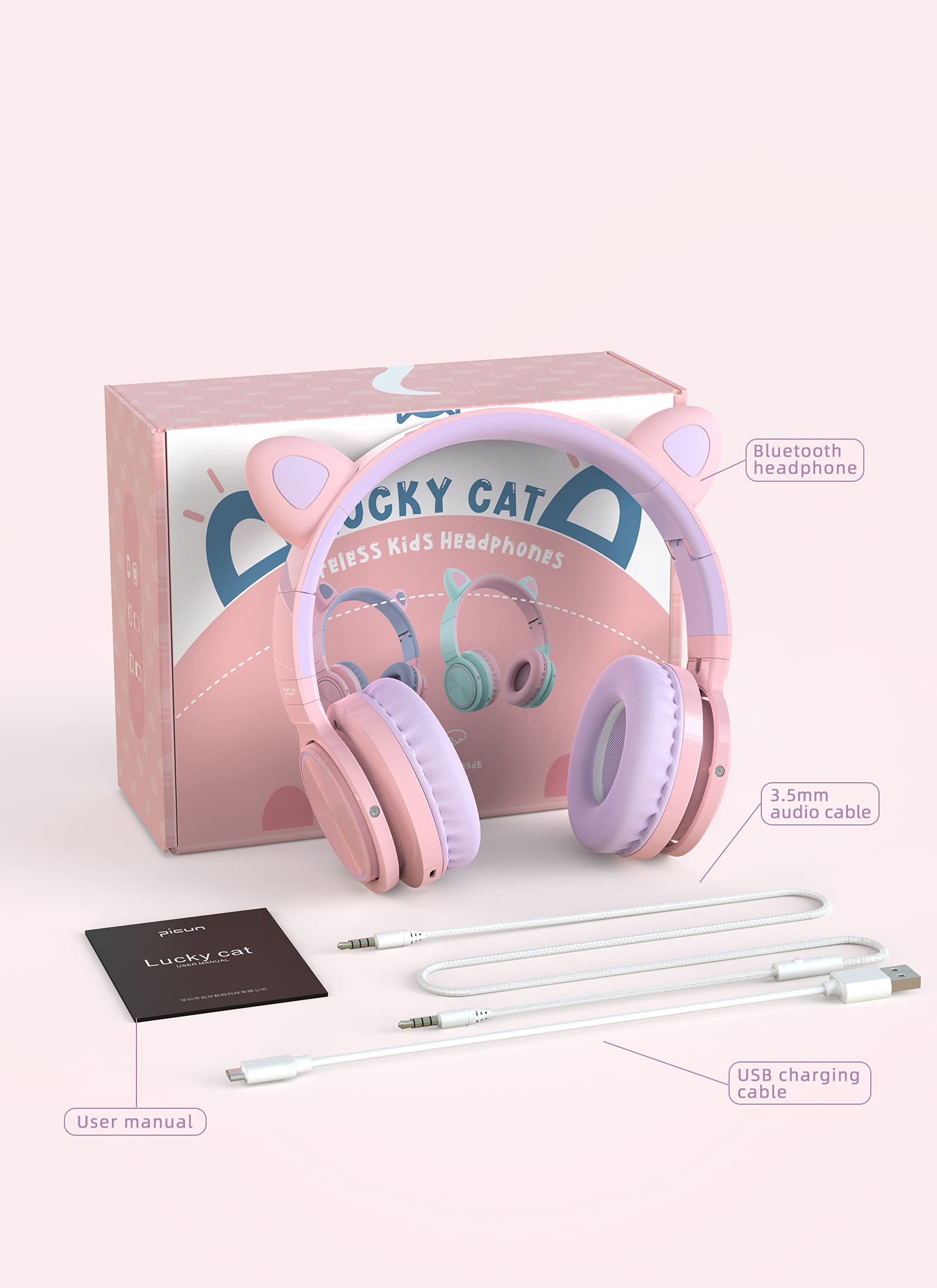 Picun Bluetooth Kids Headphones with Microphone, Cat Ear Wireless & Wired 85dB Volume Limited Multi-Function Girl Headphones, Built-in Flashing LED, Foldable for School Study Home Travel- Purple Pink