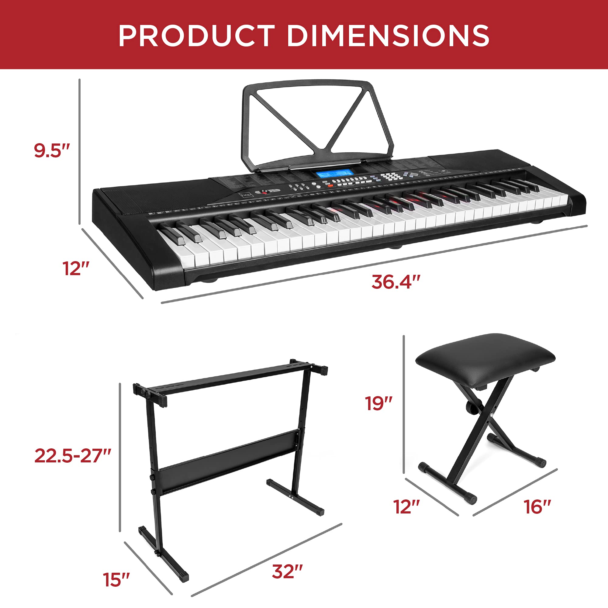 Best Choice Products 61-Key Beginners Complete Electronic Keyboard Piano Set w/Lighted Keys, LCD Screen, Headphones, Stand, Bench, Teaching Modes, Note Stickers, Built-In Speakers - Black