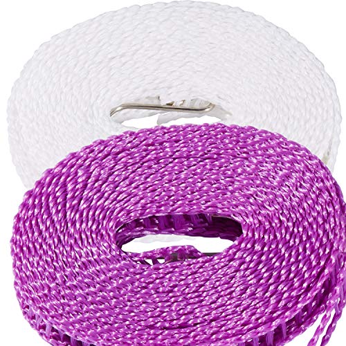 Foshine 2 Pack Clotheslines 1.64ft Length Camping Clothesline Clothes White Purple Drying Rope Portable Windproof Travel 5m Clothesline for Indoor Outdoor Laundry Perfect Windproof Clothes Line