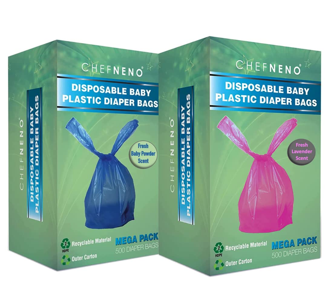 Baby Disposable Plastic Diaper Bags 1000 Count (500 Lavender Scent, 500 Fresh Baby Powder Scent) Easy Tie Handles Diaper Sacks or Pet Waste Bags (1000 Bags)