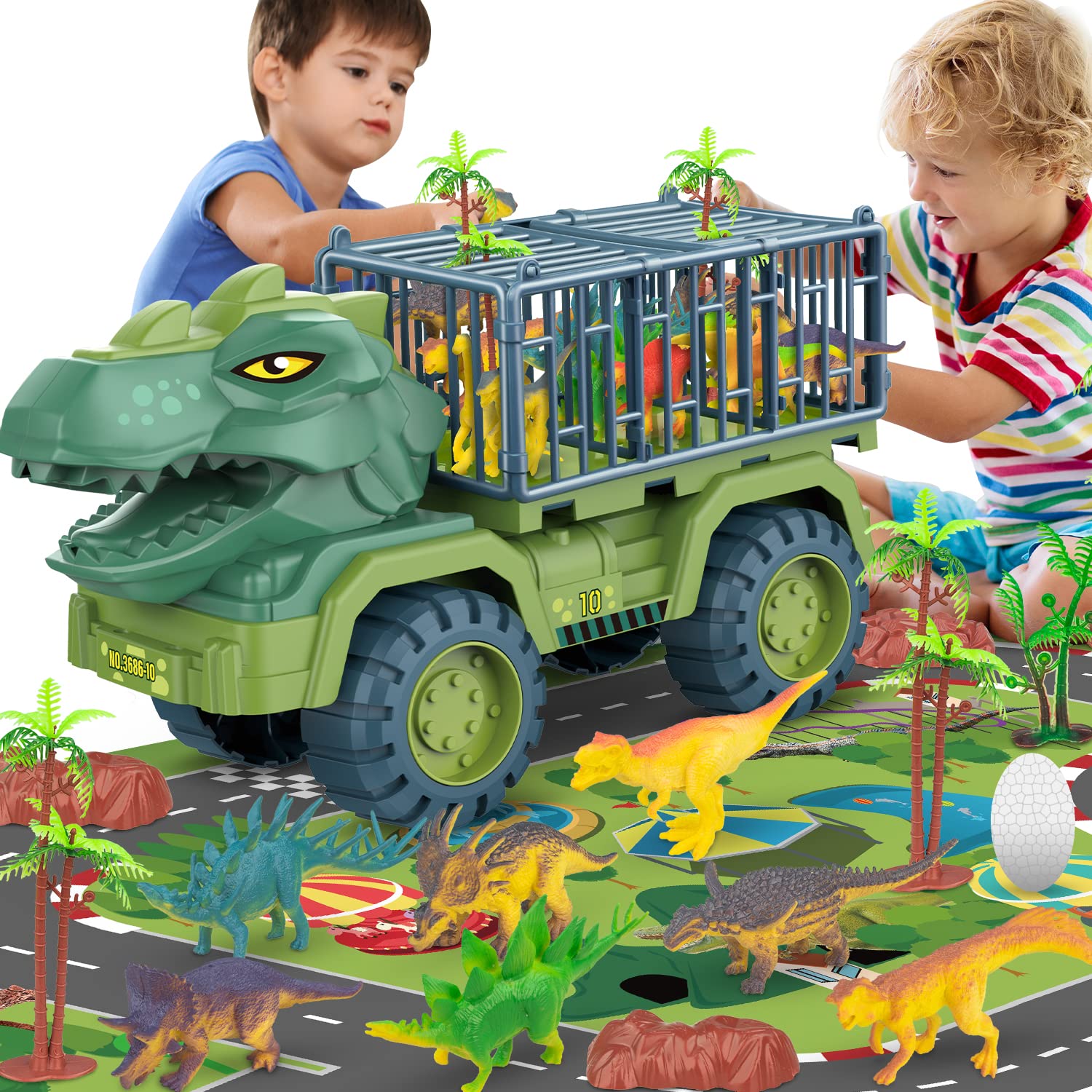 Niwoed Dinosaur Transport Truck Playset, Large Size Tyrannosaurus Vehicle Carrier Car Toys for 3 4 5 6 7 8 9 10 Years Old Boys Girls Kids Gifts, Monster Truck with 12 Dino Figures & Play Mat