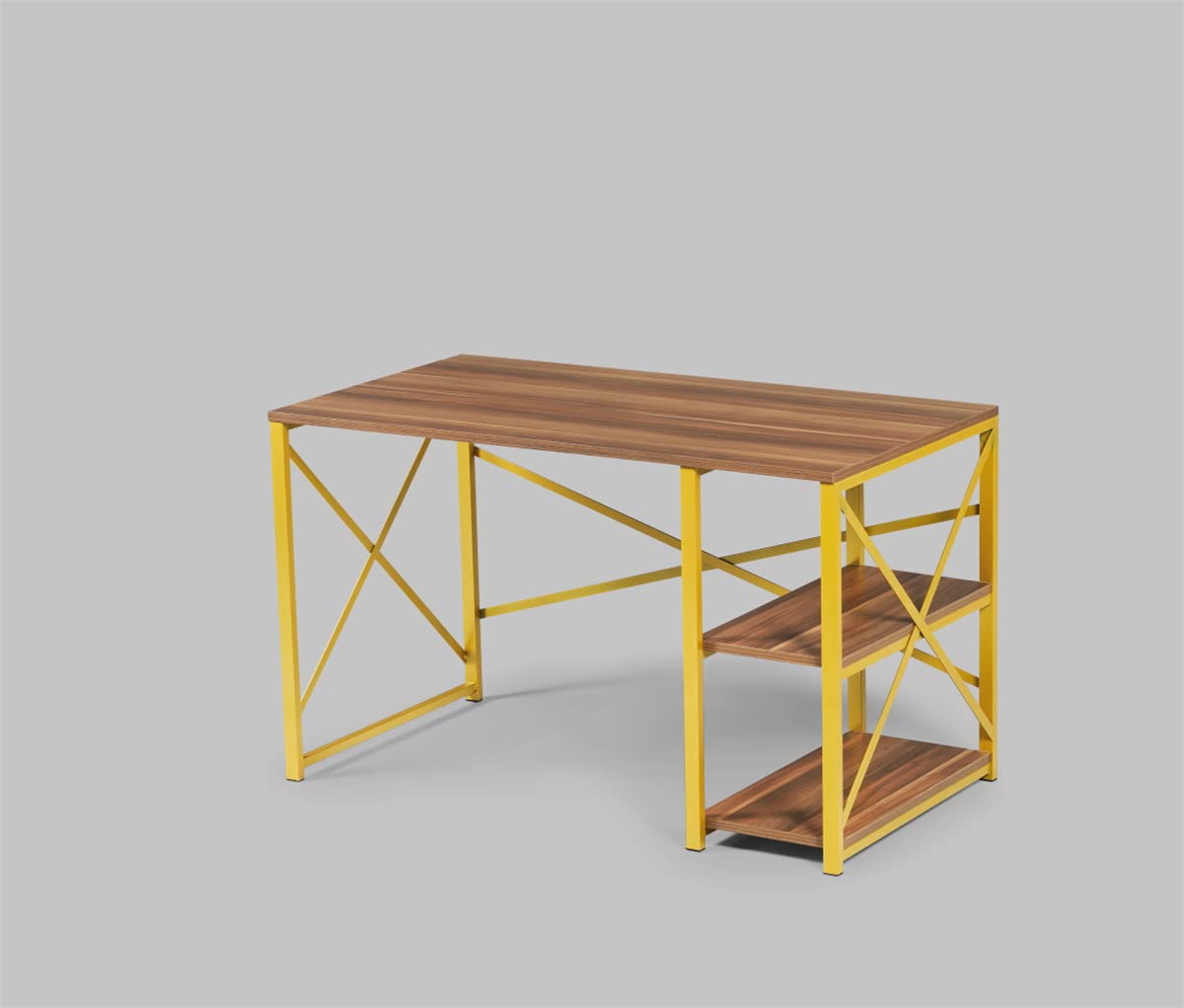 LLS Computer Desk, Work Table Writing Desk Gaming Table Workstation with 47" Wooden Top & 2 Shelves, Writing Sturdy Table Computer Desk with Gold Metal Frame for Home Office Furnish Store, Brown