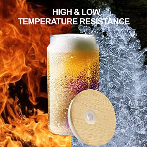 CAKRETY Glasses with Bamboo Lids and Glass Straw 4pcs Set, 16oz Can Shaped Glass Cups, Beer Glasses, Iced Coffee Glasses, Soda, Gift 2 Cleaning Brushes