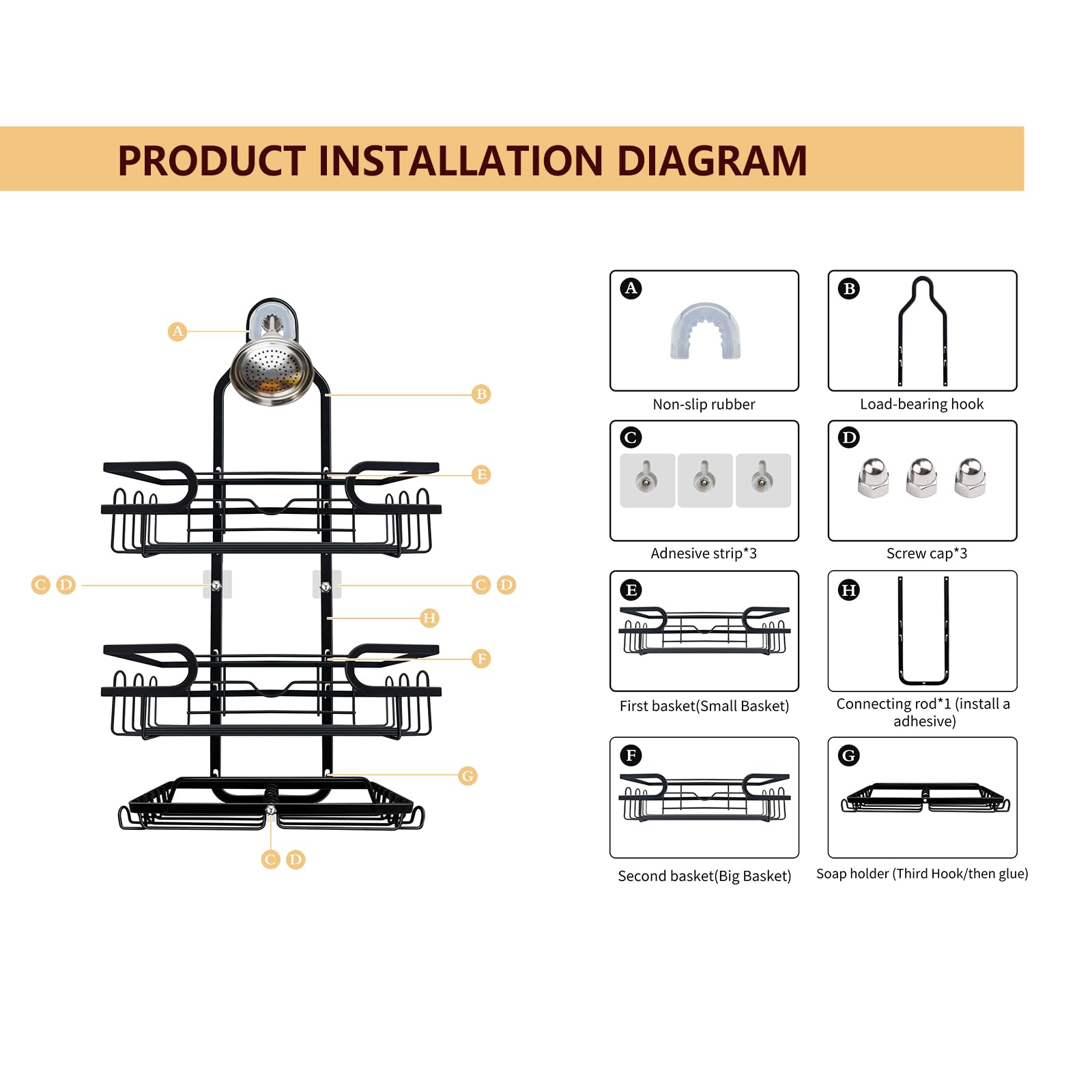 Lawhood-Mijin Shower Caddy Hanging, Over Head Shower Caddy Shower Storage Rack Basket with Hooks for Razor and Sponge Rustproof, No Drilling, Accessories for Bathroom and Kitchen, Black