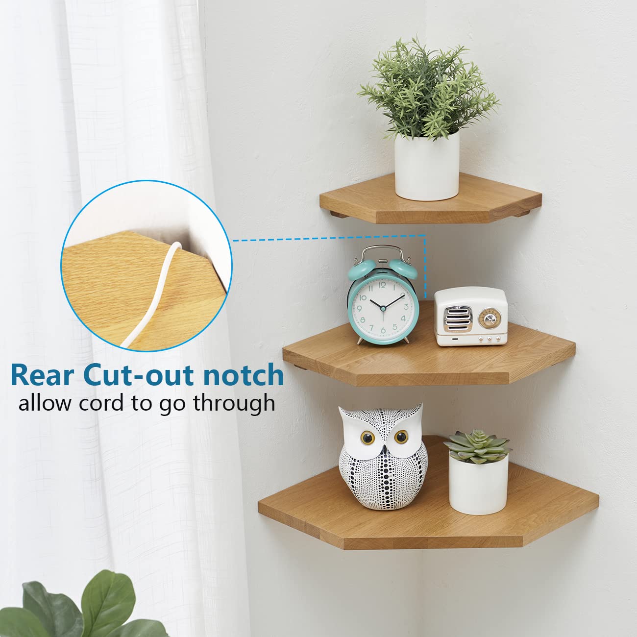 Corner Wall Shelf, Corner Floating Shelves Set of 2 Solid Oak Wood Corner Shelves Wall Mount Display Shelf with Wire Hole Small Plant Display for Kitchen Living Room Bedroom