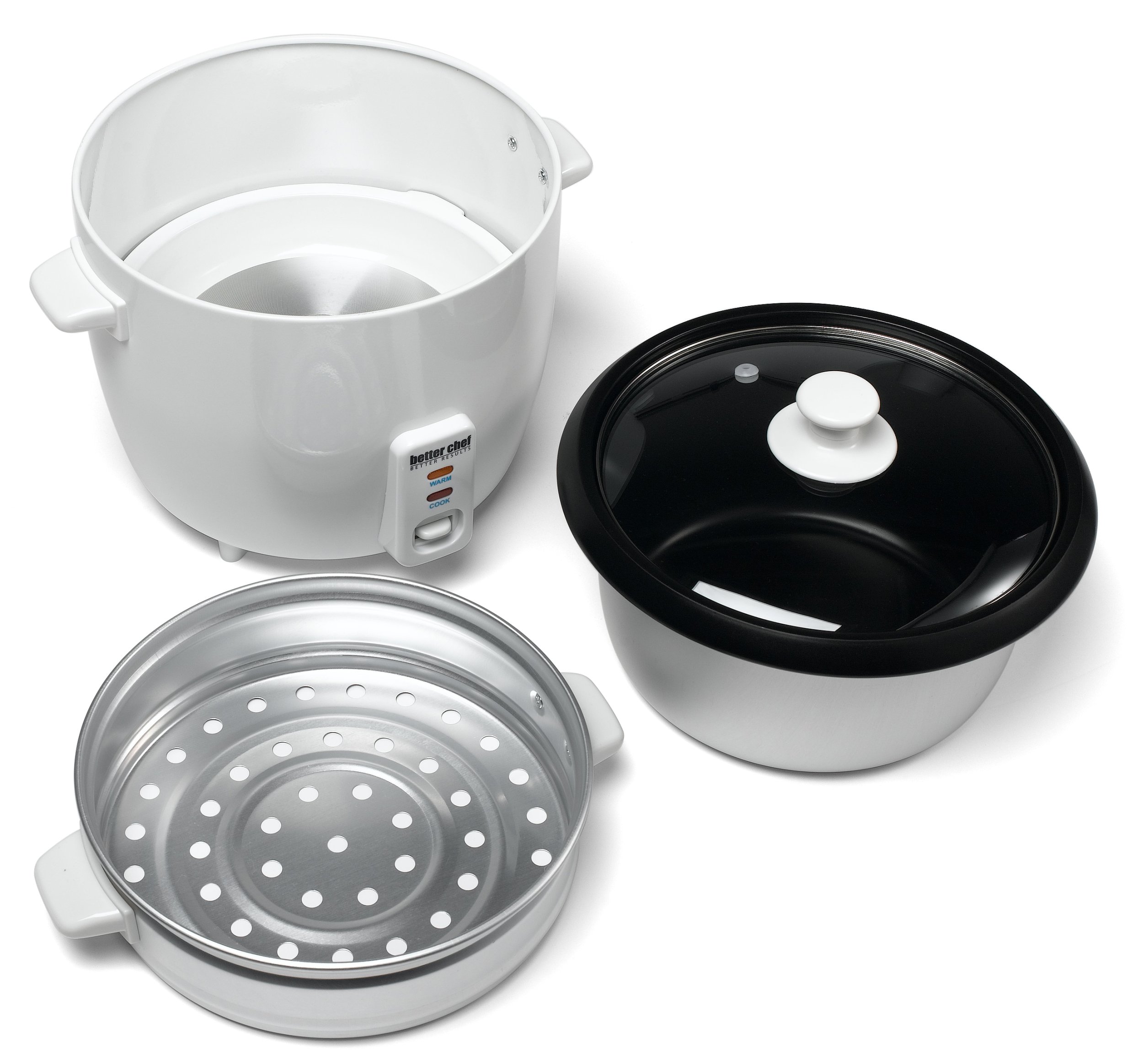 Better Chef Basic Rice Cooker with Food Steamer | Glass Lid | Non-Stick | Cool-Touch | Paddle and Cup Included (20-CUP, White)