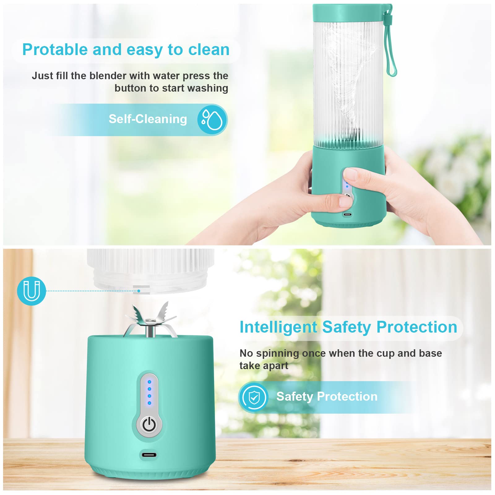 Binineew Portable Blender - 15oz Personal Blender Shakes and Smoothies USB Rechargeable - Multifunction Small Fruit Juicer Cup Kitchen Travel Camping Gym Office Baby Food (Blue)
