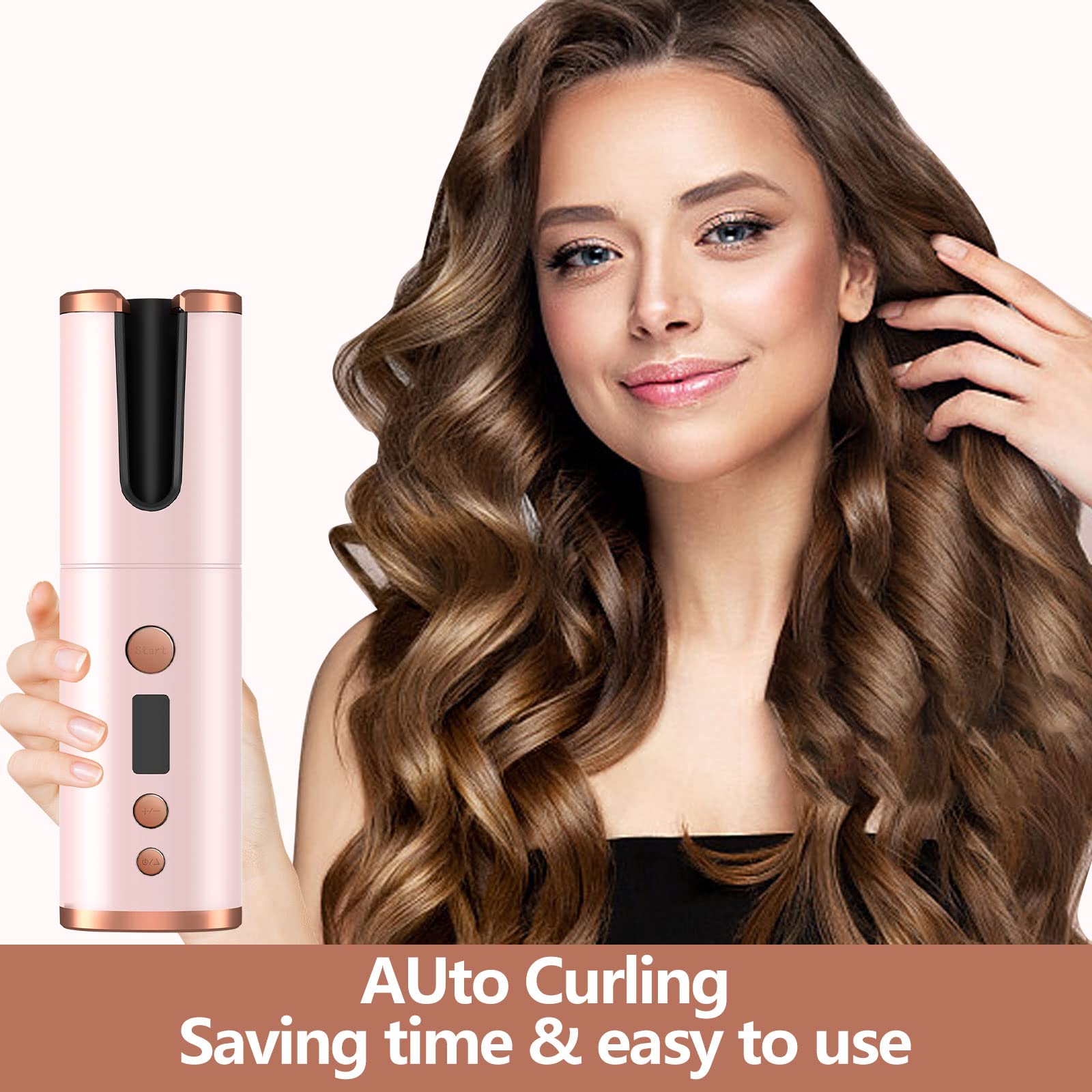 Automatic Curling Iron,Cordless Auto Hair Curle r, Wireless USB Rechargeable Curling Iron Wand, Portable Rotating Curling Wave Wand Styling Tool, Auto Shut Off ,Fast Heating for Hair Styling(Pink)