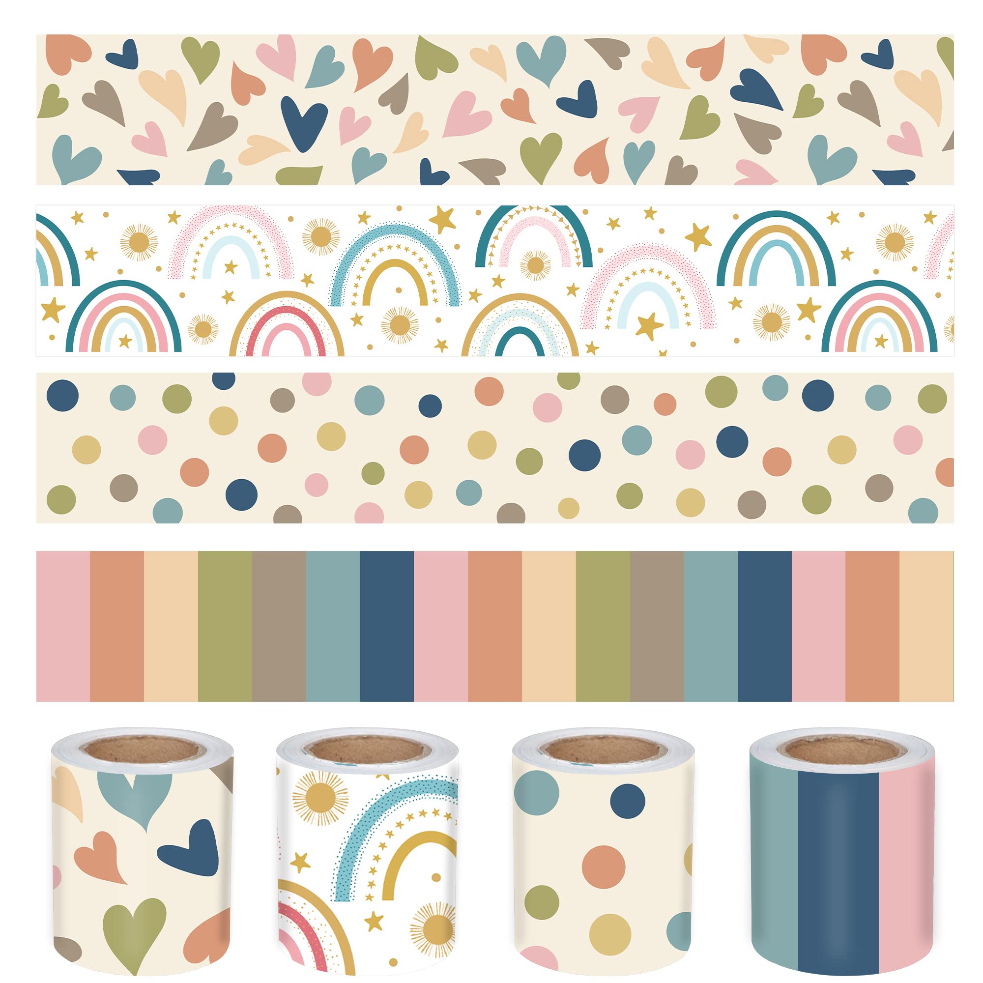 Boho Bulletin Board Borders Bulletin Classroom Rainbow Hearts Border Trims Boho Colorful Straight Borders Stickers for Classroom Decor School Blackboard Desk