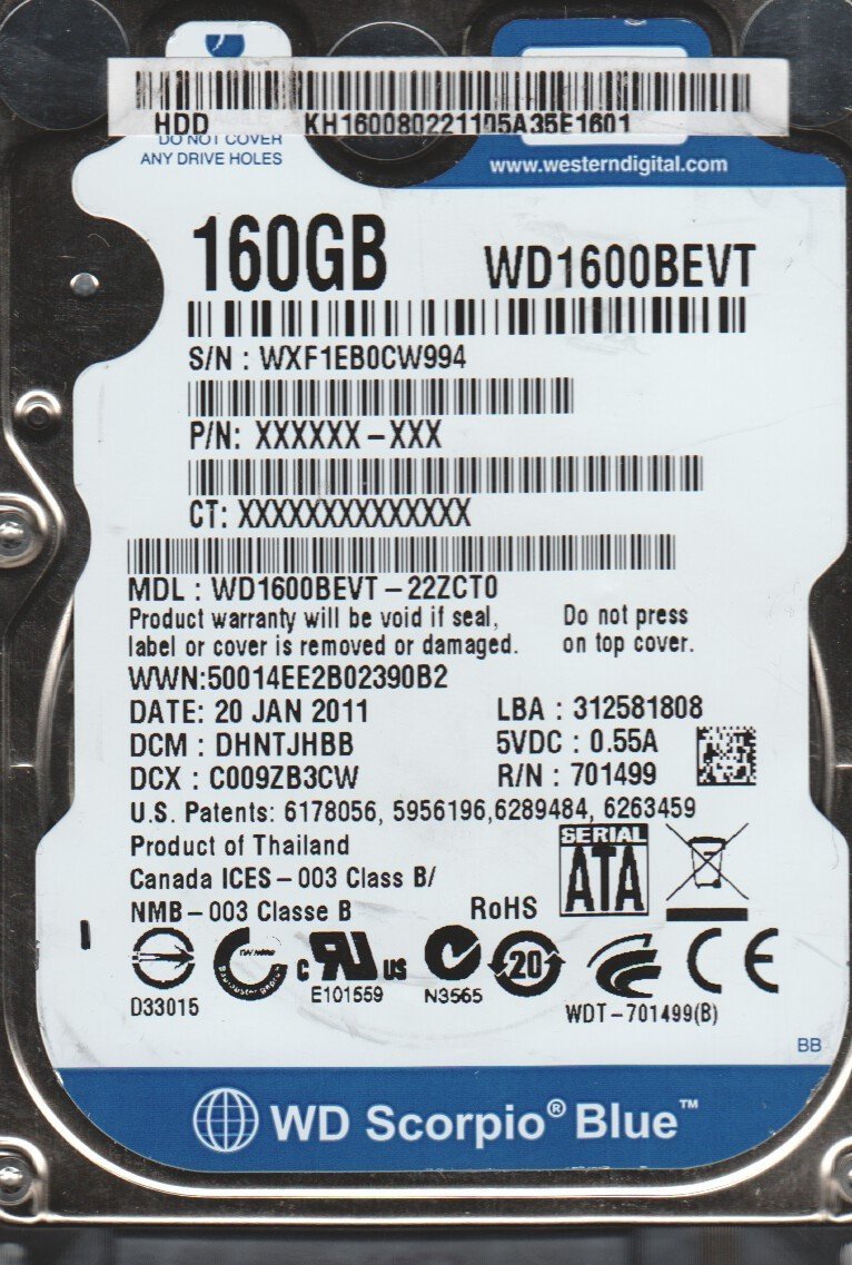 WESTERN DIGITAL Part # WD1600BEVT-22ZCT0,