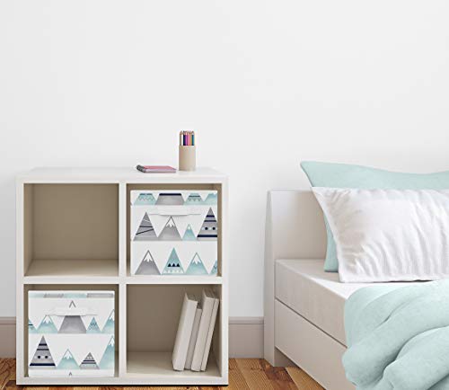 Sweet Jojo Designs Watercolor Mountains Foldable Fabric Storage Cube Bins Boxes Organizer Toys Kids Baby Childrens - Set of 2 - Navy Blue, Aqua and Grey Aztec