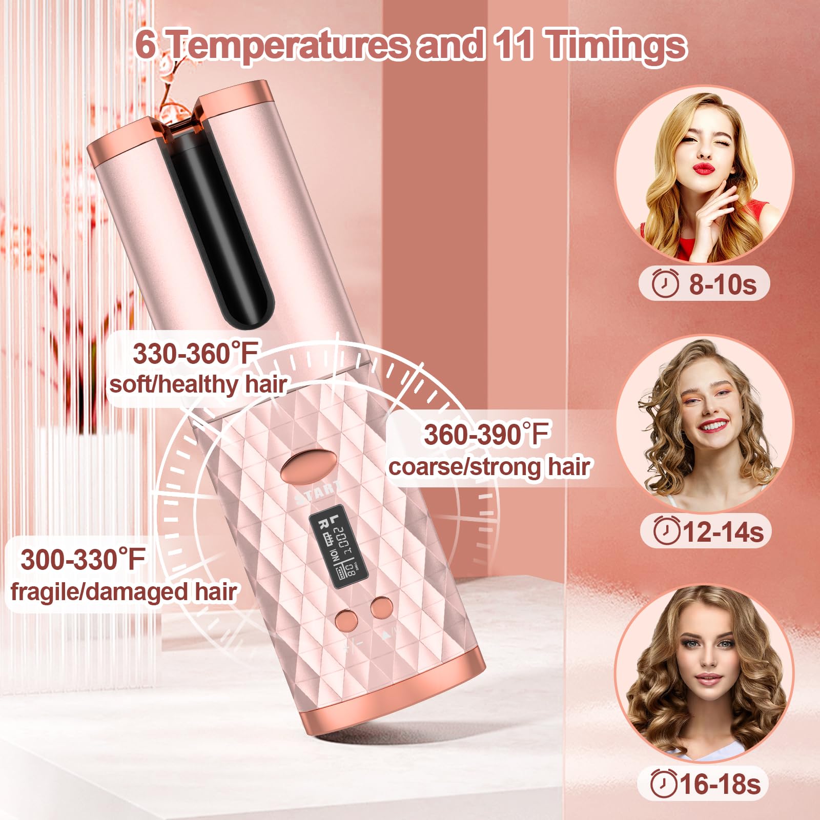 Automatic Curling Iron, Cordless Auto Hair Curler w/ 6 Temp & Timer, Rechargeable Ceramic Hair Curlers, Portable Rotating Curling Wand Styling Tool, Fast-Heating, Auto Shut Off