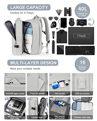 Large Travel Backpack Men,Carry On Backpack,Expandable Airline Airplane Flight Approved Weekender Backpack,Laptop Backpack,Waterproof 40l Business Travel Backpack Women,Overnight Backpack, Grey