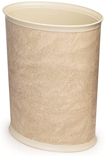 Made in USA Set of 2 Faux Beige Leather 5-Gallon Vinyl Waste Basket & Cube Tissue Box Cover